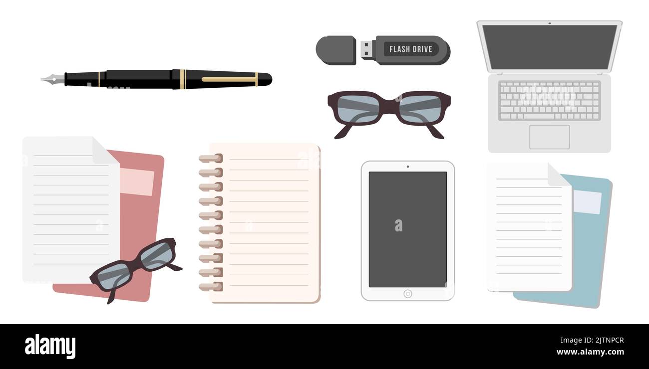 Collection set of office obejct glasses notebook paper document tablet ...
