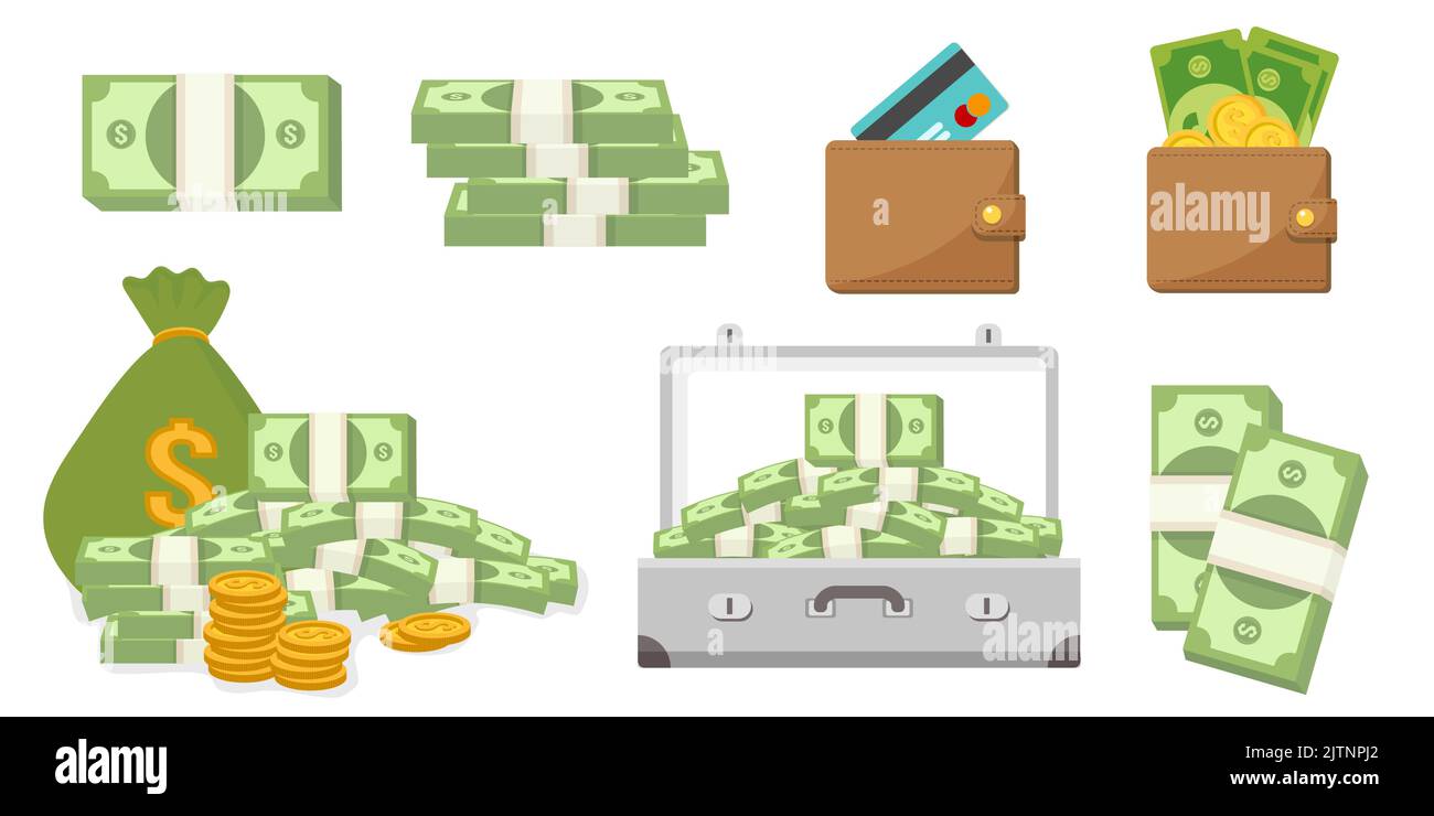 Collection set of money object golden coin bank note purse credit card ...