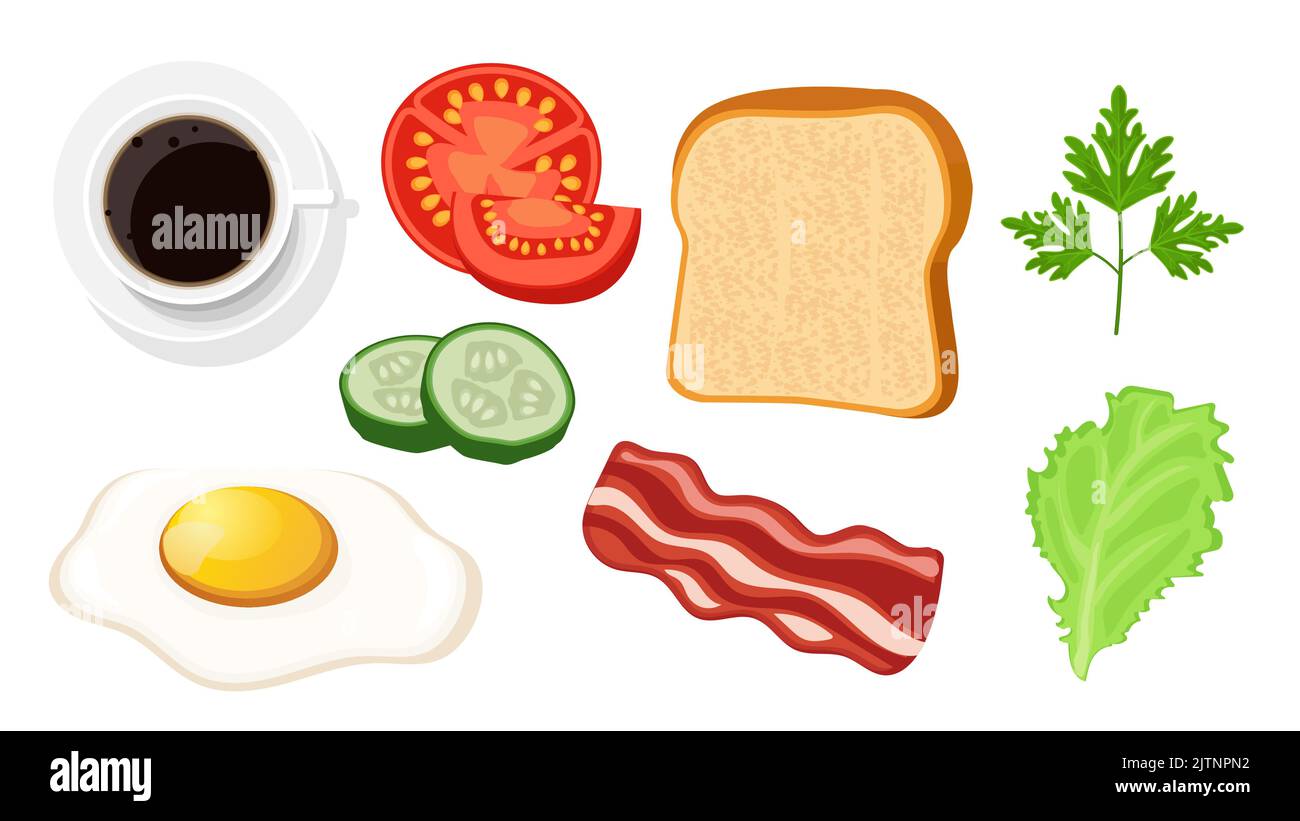 Collection set of breakfast object coffee fried egg bacon tomato ...