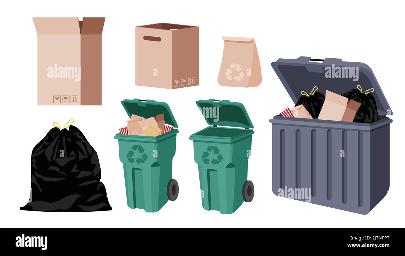Collection set of recycled garbage dustbin paper box black plastic bag ...