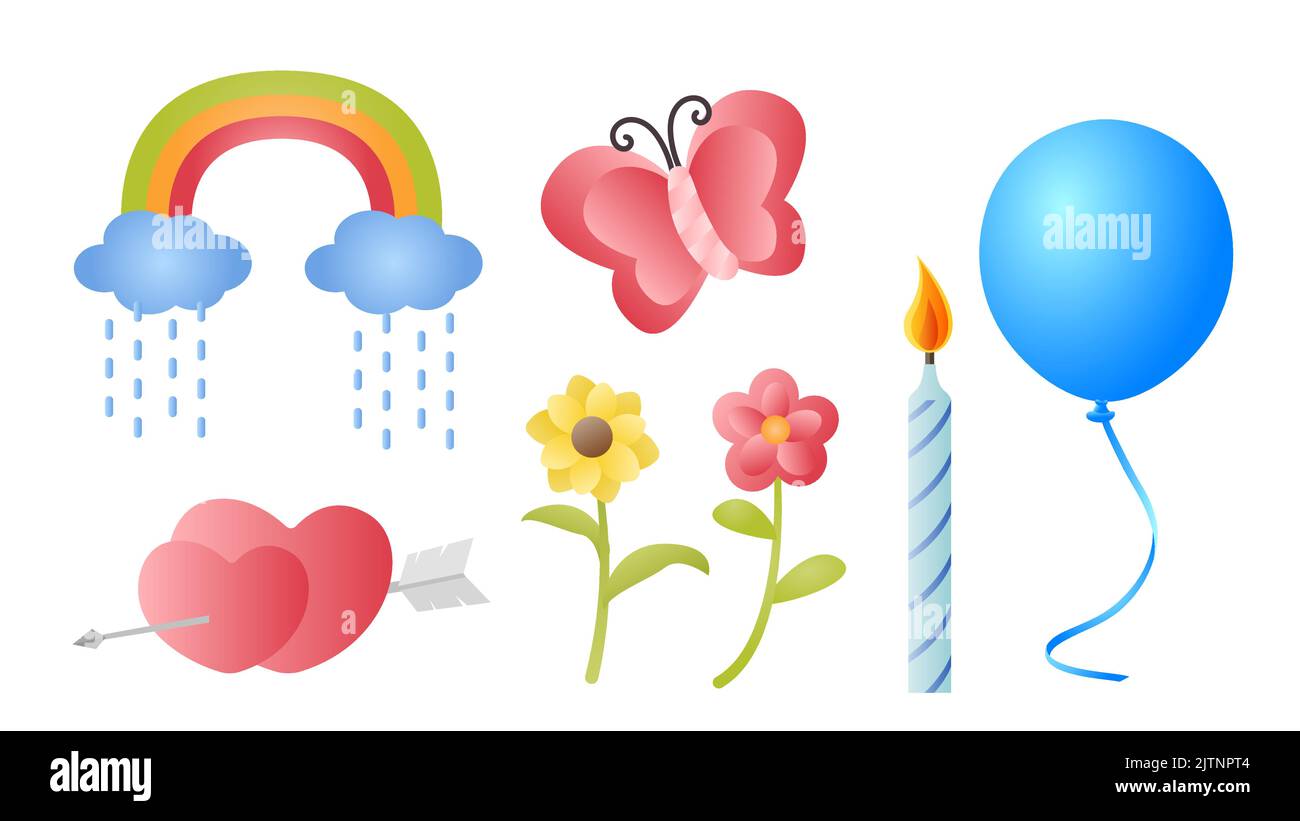 Collection set of cute cartoon object ballon rainbow butterfly candle ...