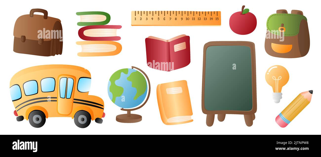 Collection set of back to school objects bus globe backpack book ruler ...