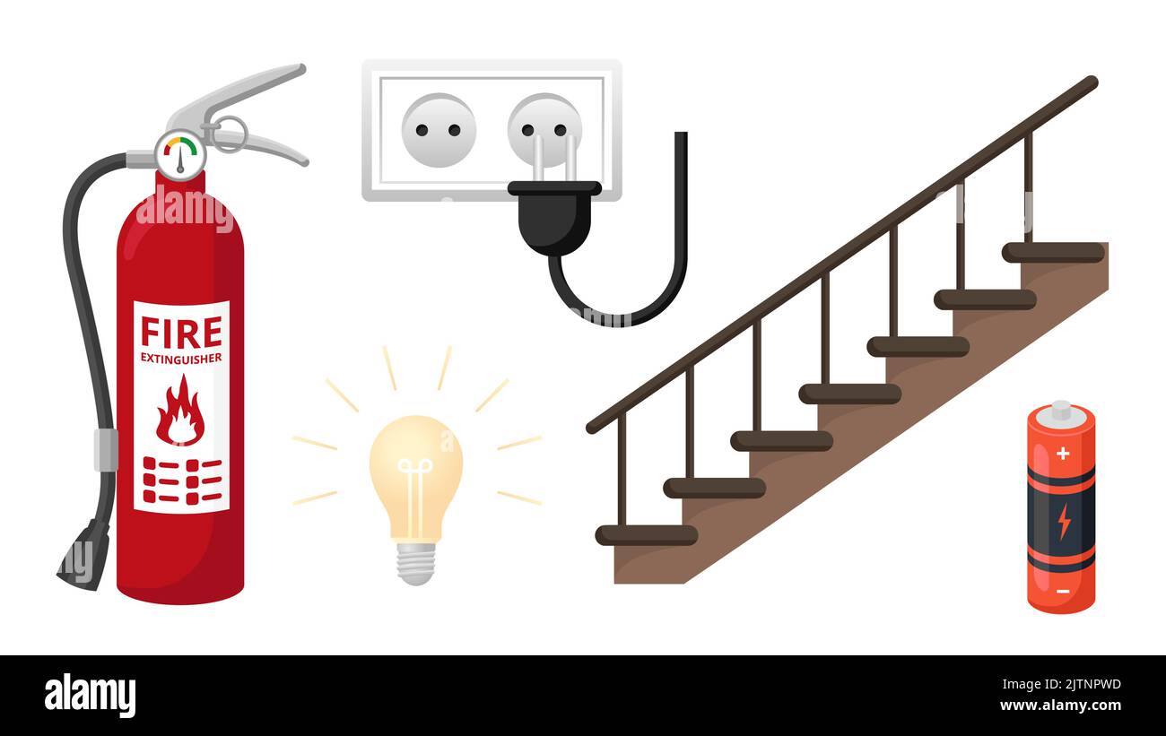 Collection set of cartoon object fire extinguisher stairecase battery ...