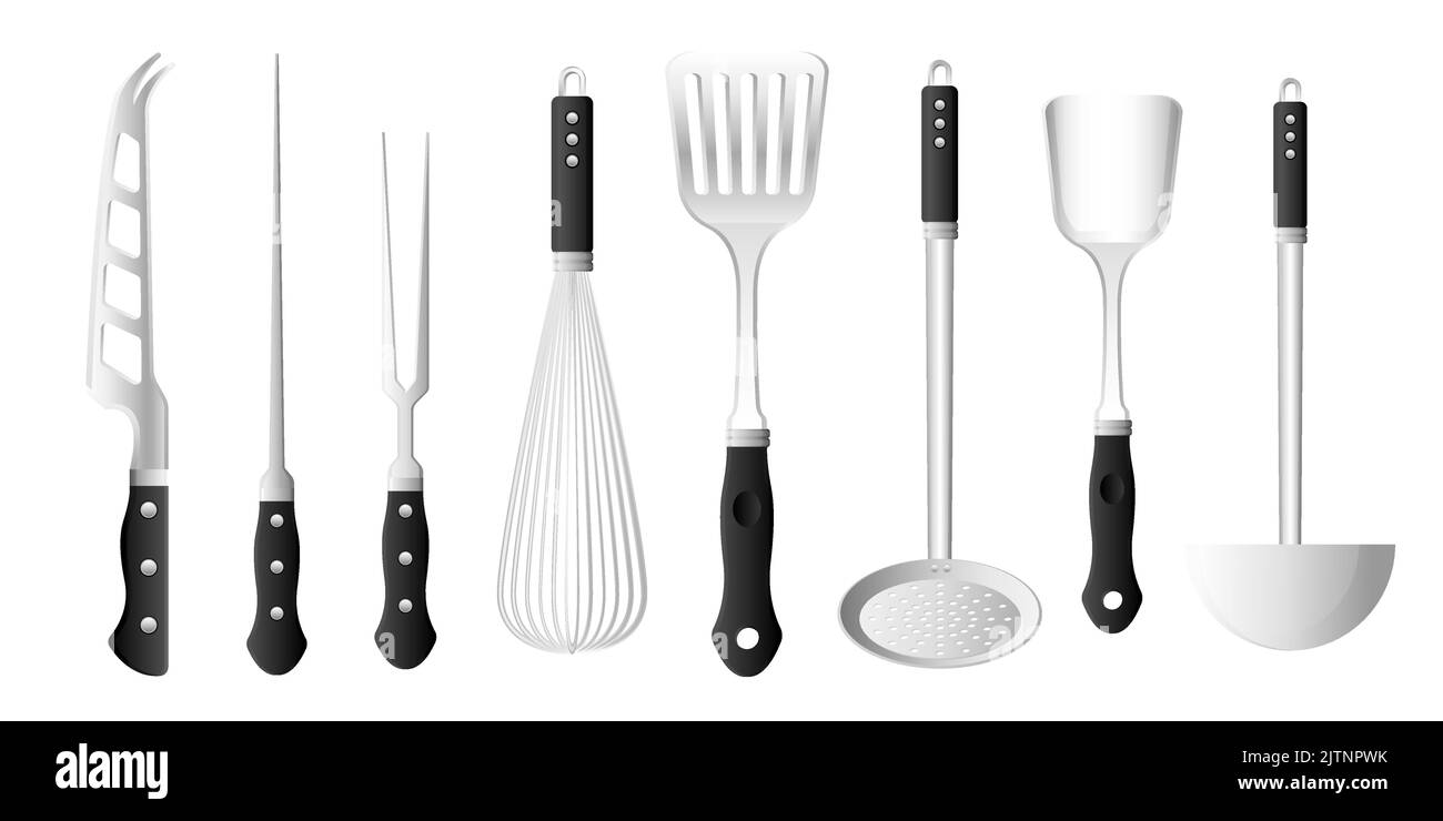 Collection set of kitchenware utensils knife filter spoon fork egg ...
