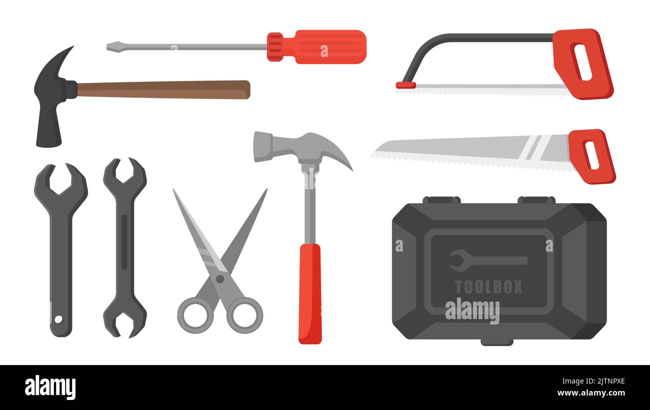 Collection set of tool kit object saw hammer scissors screwer Stock ...