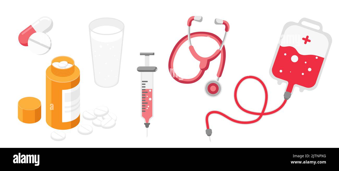 Collection set of medical obejcts blood bag stethoscope syringe ...
