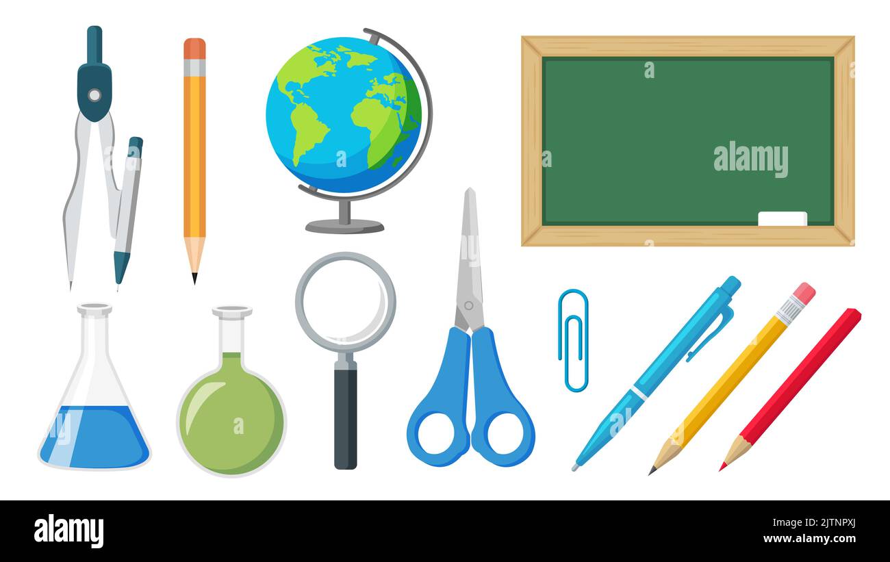 Collection set of school study object blackboard pen pencil scissors ...