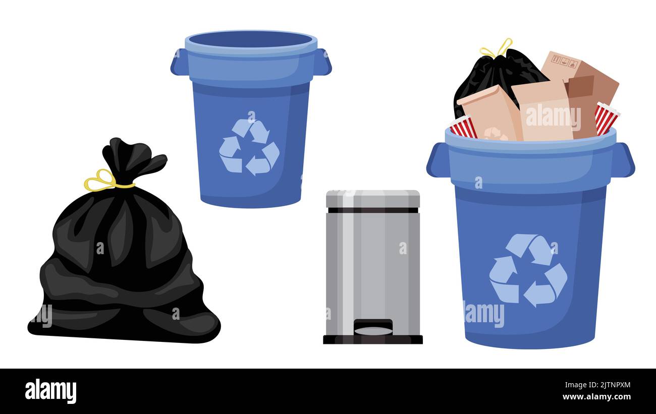 Collection set of recycled garbage dustbin paper box black plastic bag ...