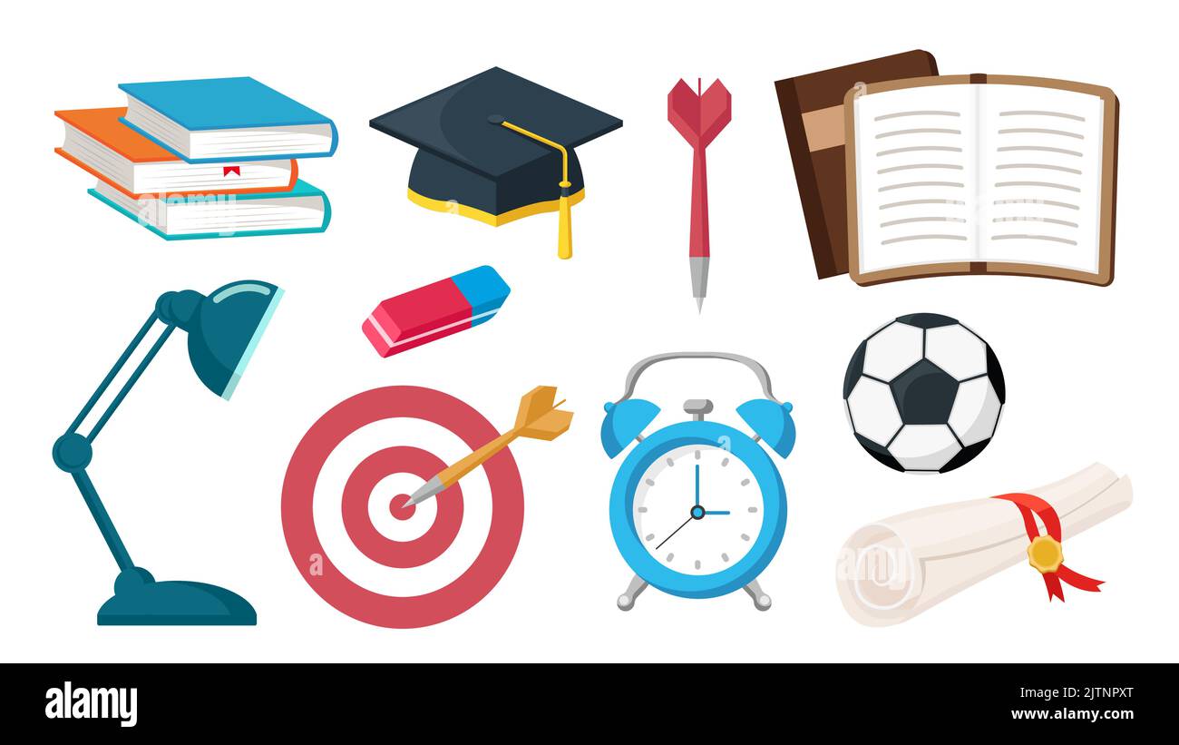 Collection set of school study object book desk lamp eraser alarm clock dart soccer bachelor cap ...