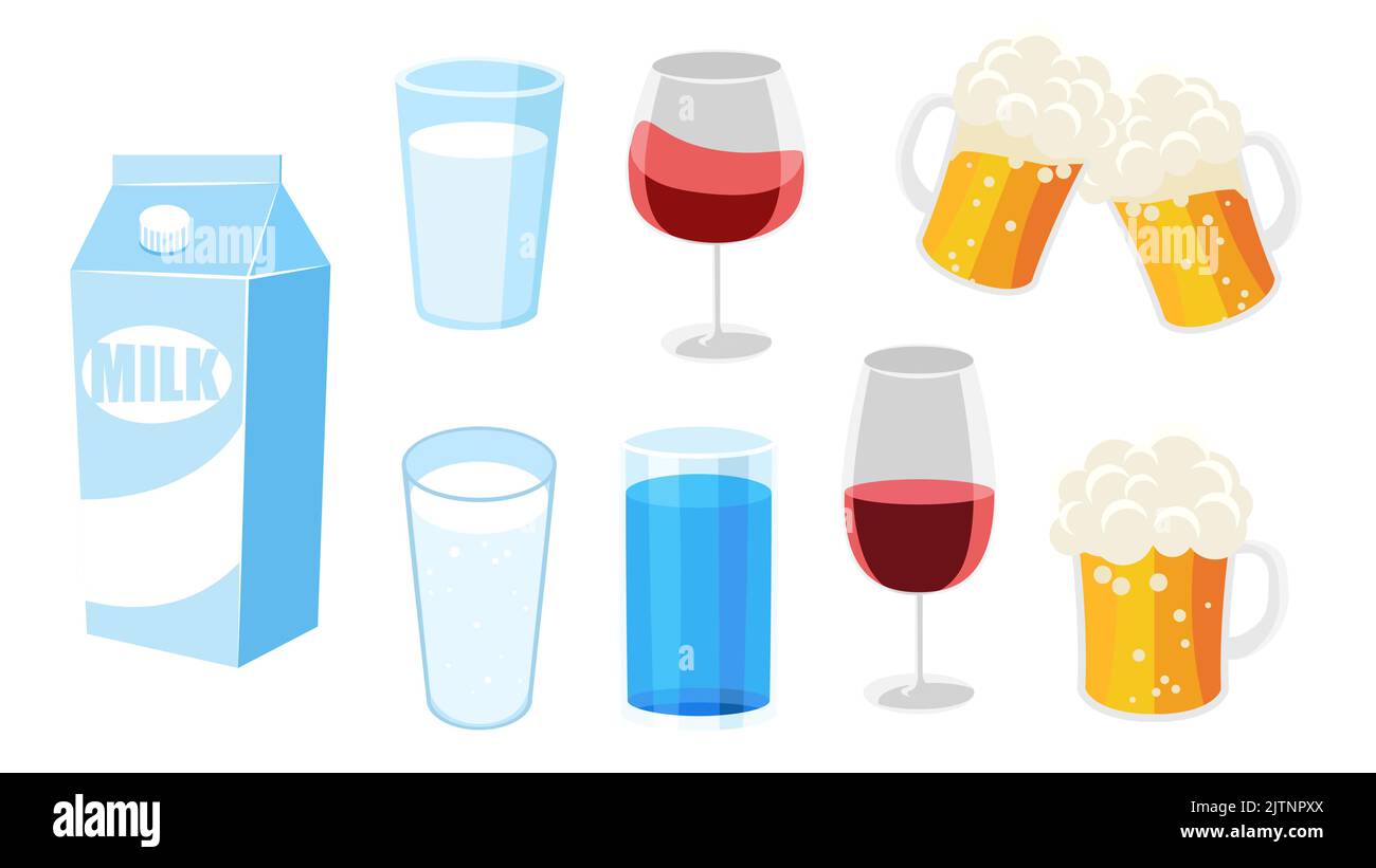 Collection set of drink object milk water glass red wine goblet beer ...