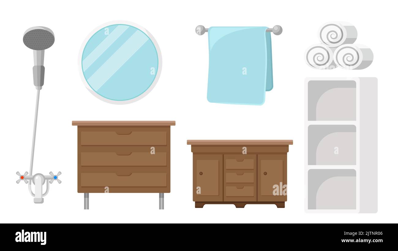 Collection set of bathroom object mirror towel shower cabinet Stock ...
