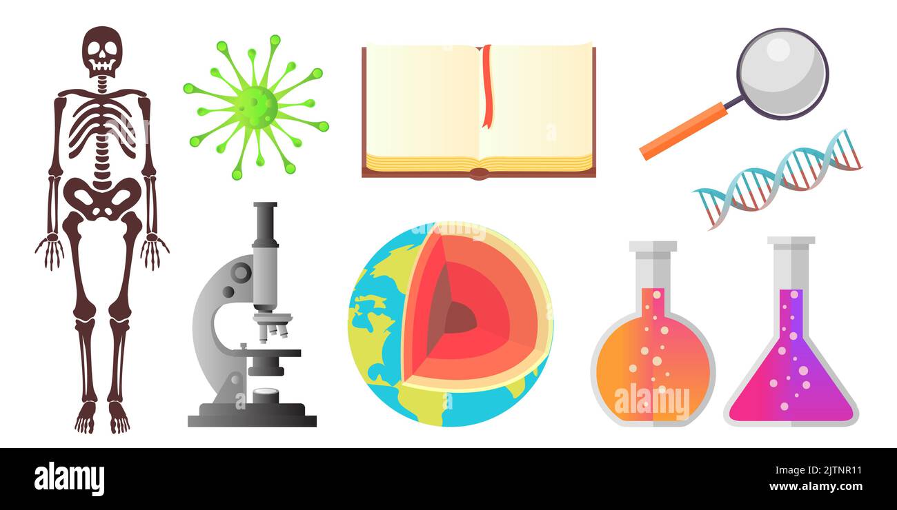 Collection set of science object microscope skeleton flask magnifier ...