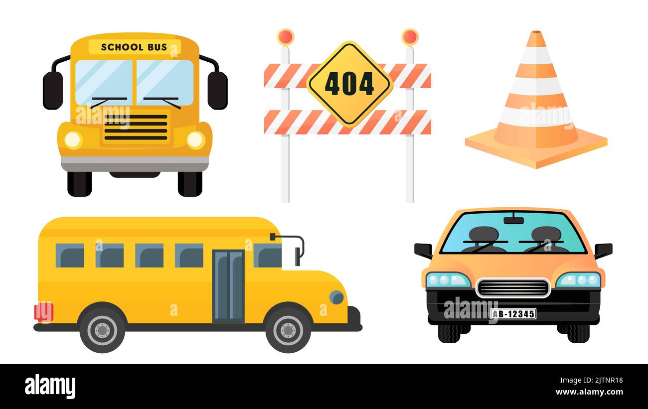 Collection set of transportation object school bus car roadblock trafic ...