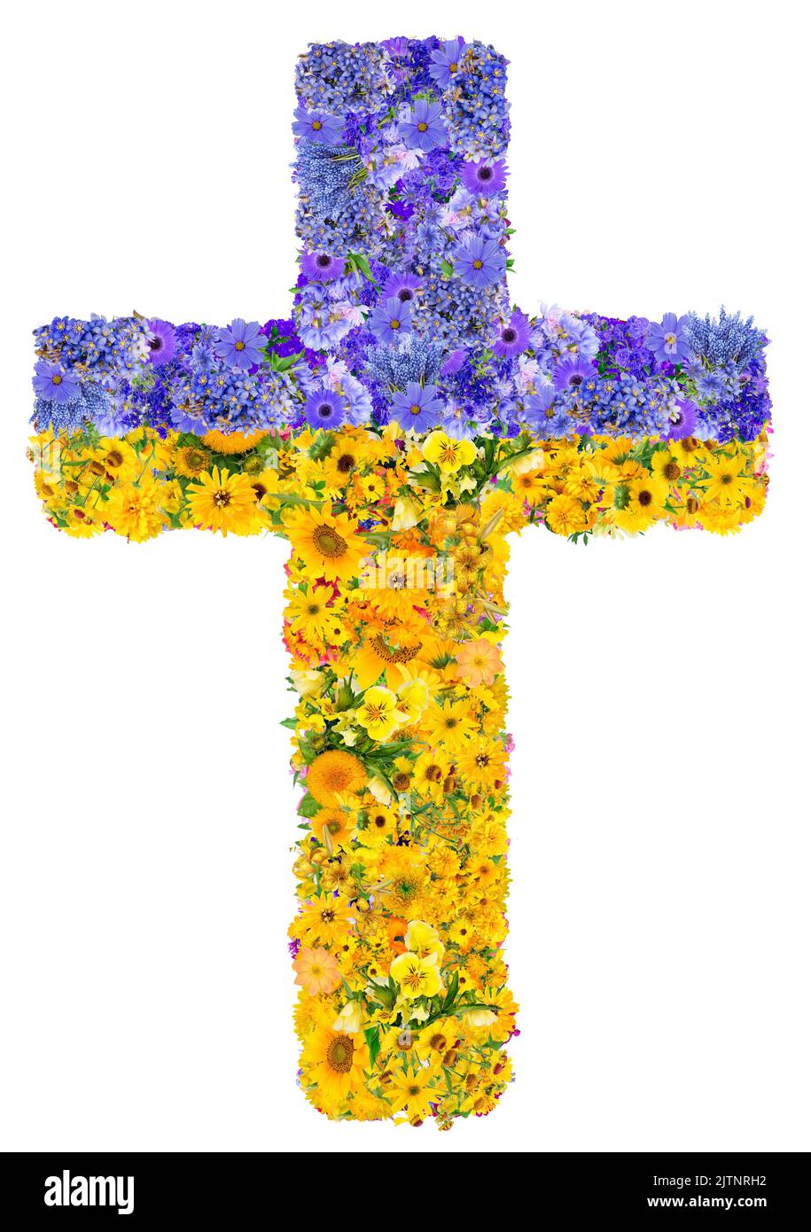 The cross of suffering Ukraine is made of yellow and blue flowers ...
