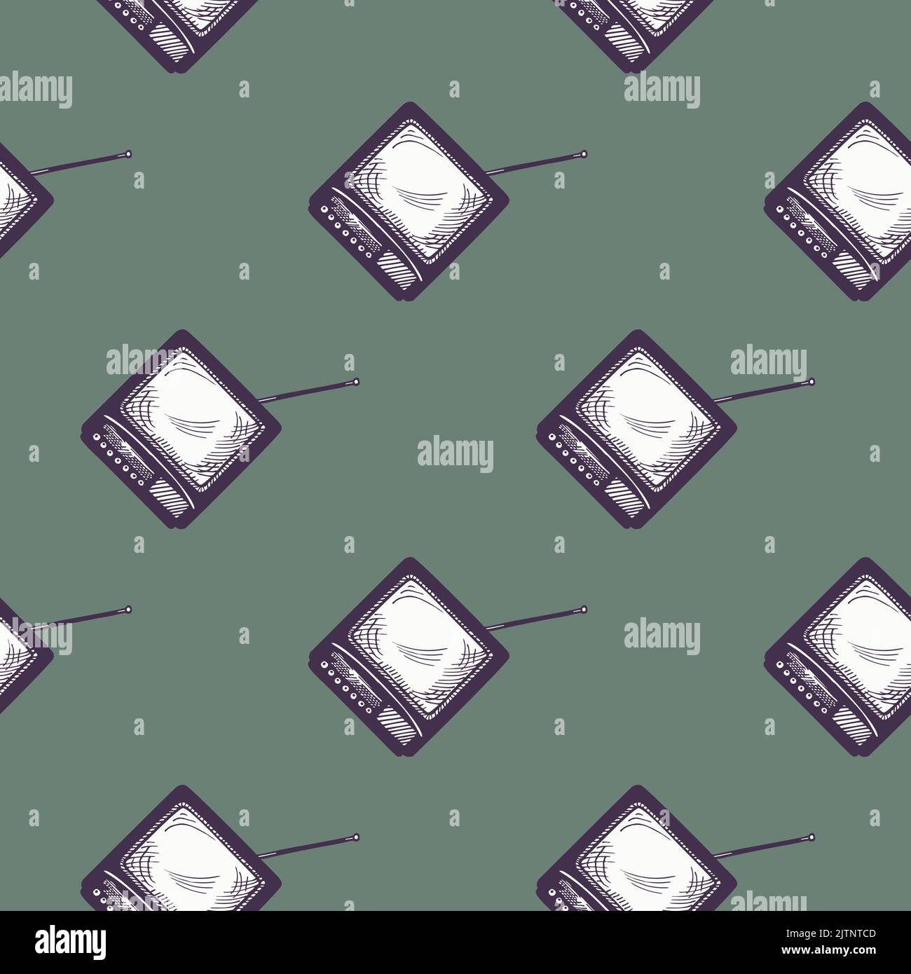 Retro TV with antenna engraved seamless pattern. Vintage television in ...