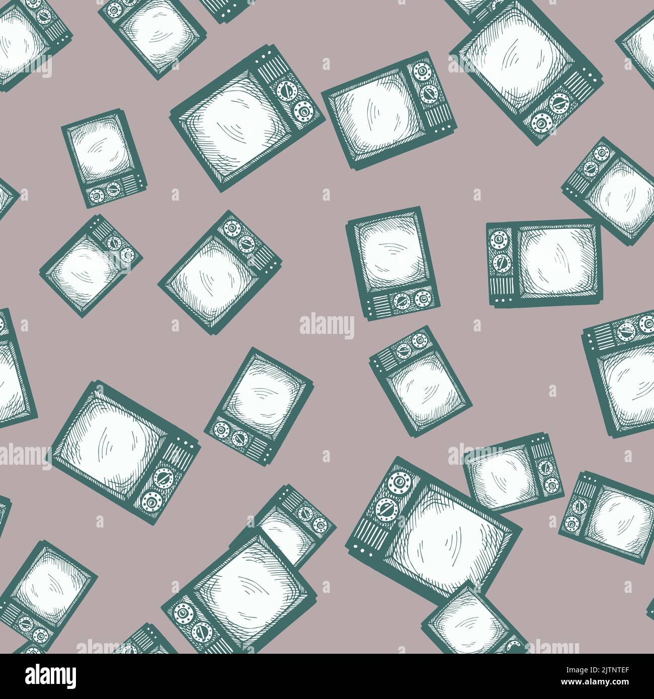 Retro TV engraved seamless pattern. Vintage television media in hand ...