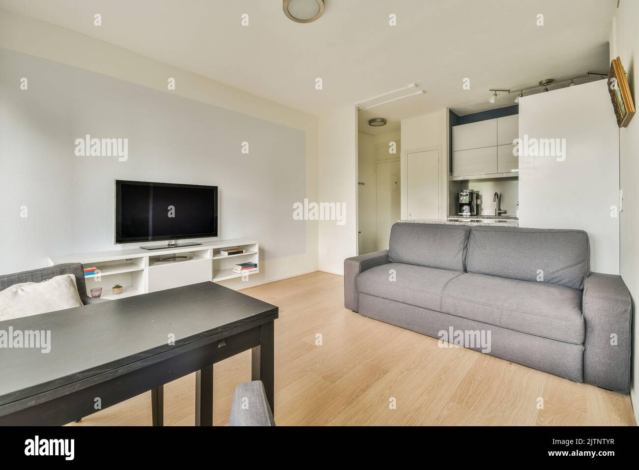 Interior of light room with stylish dining and lounge areas in modern ...