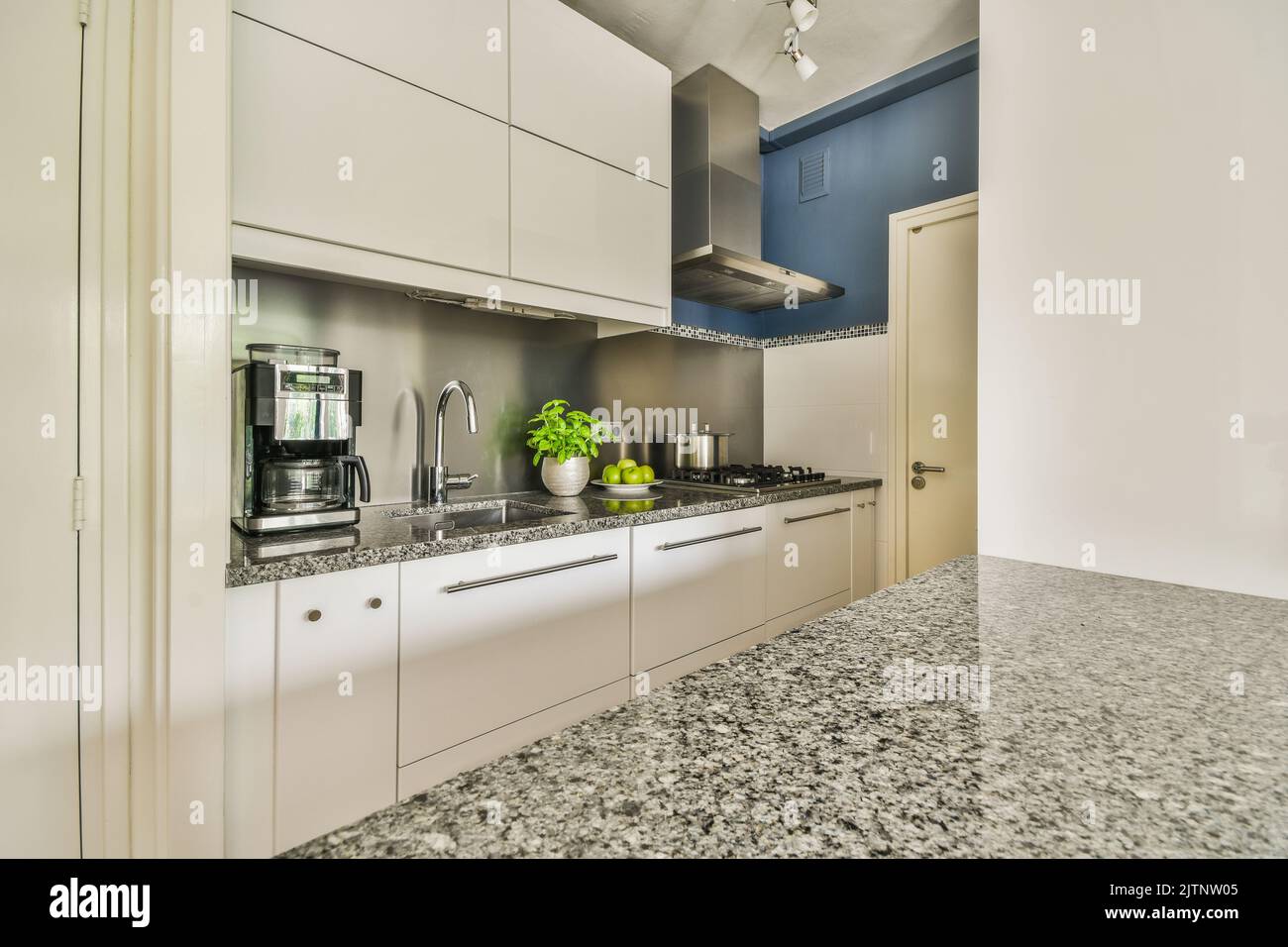 Interior of light kitchen with modern cupboards and appliances located ...