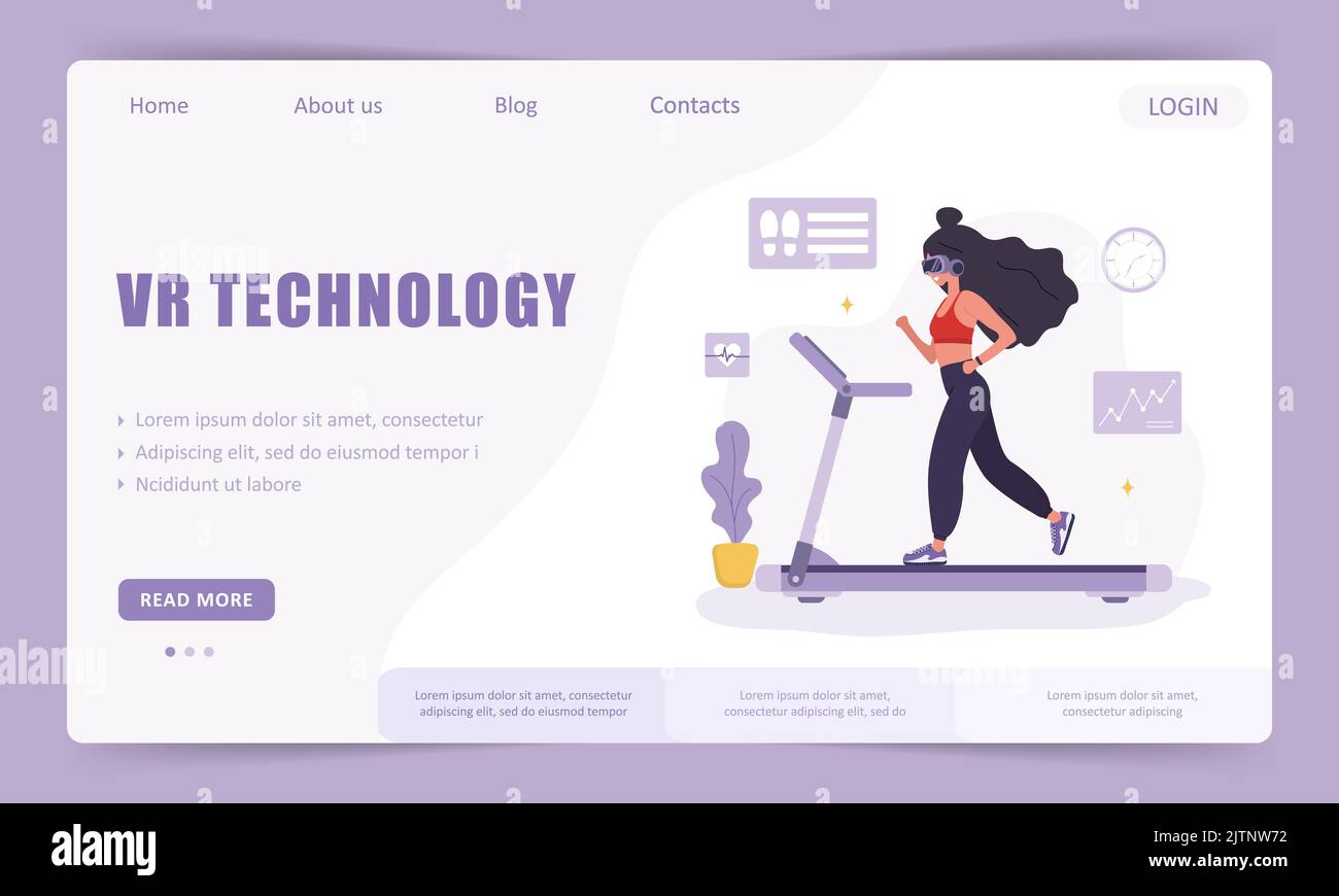 VR technology landing page template. Woman in VR glasses running on ...