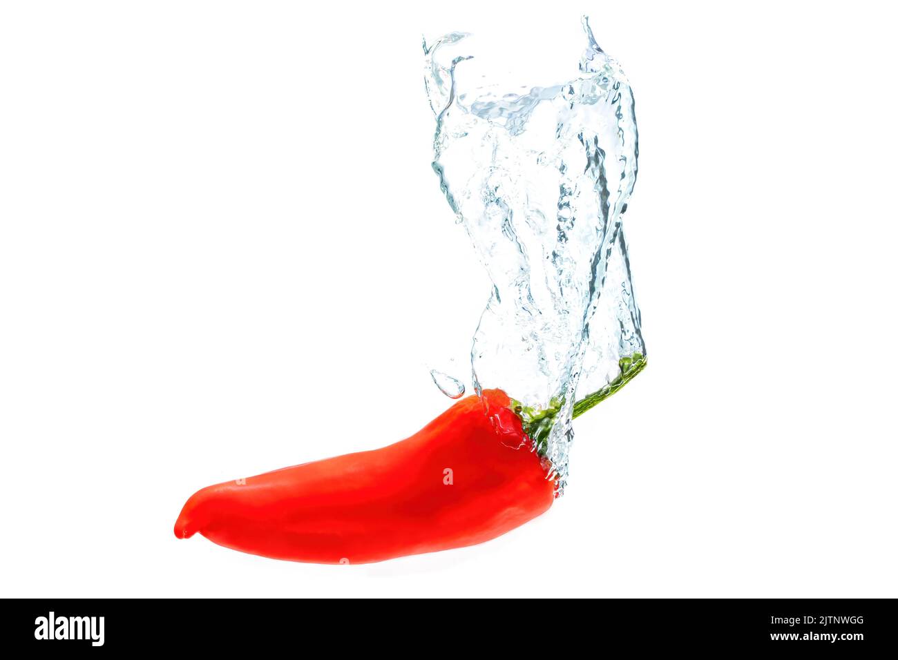 Red pepperoni falling underwater with splashes isolated on white ...