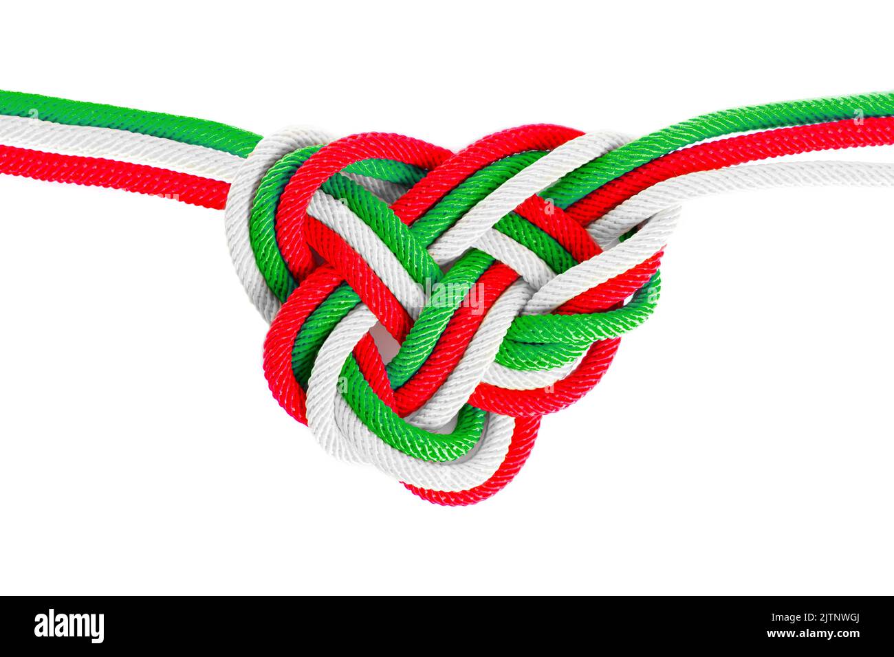 Heart-shaped celtic knot made from braided cords dyed red, green and ...