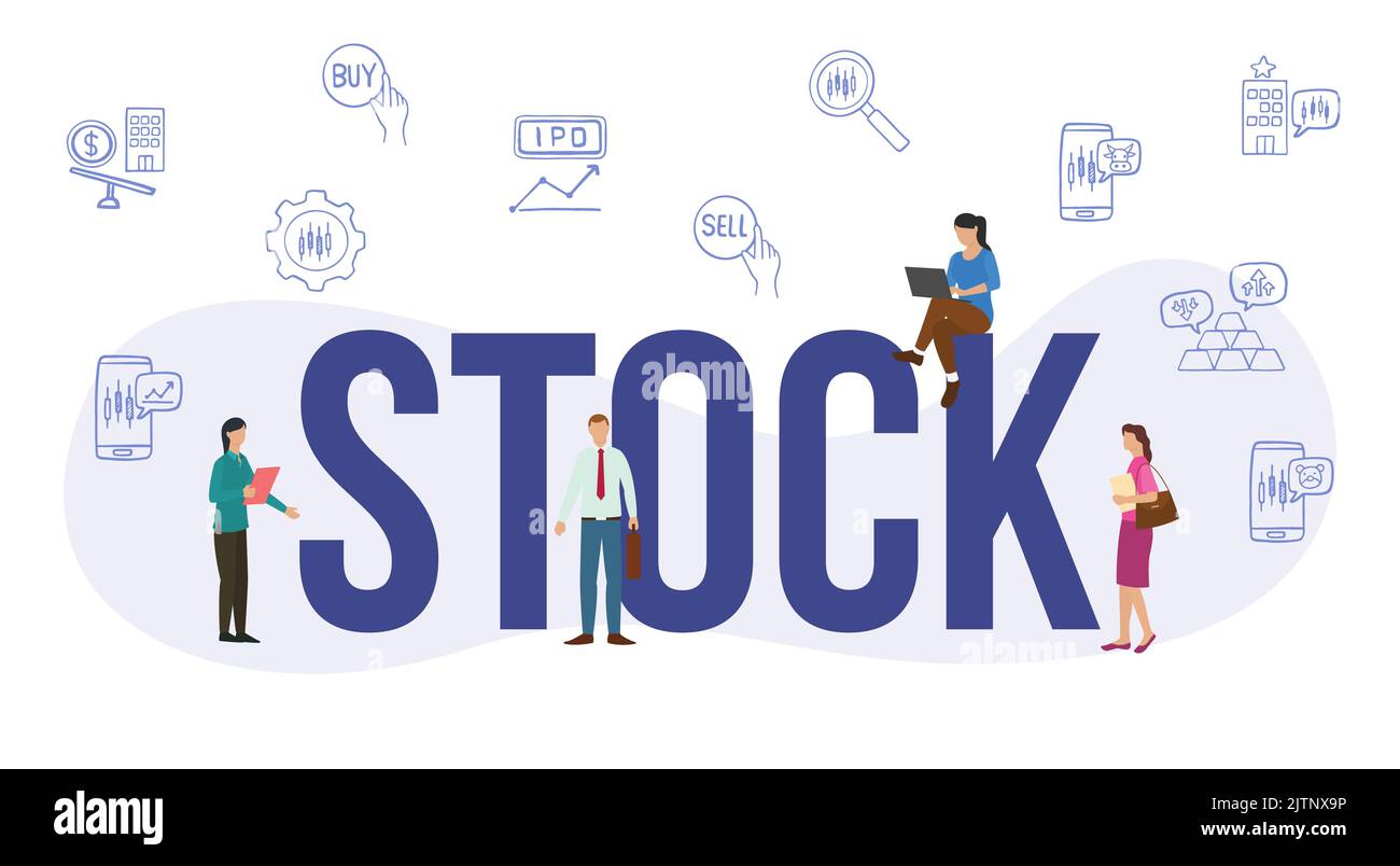 stock market business concept with big word or text and people with ...