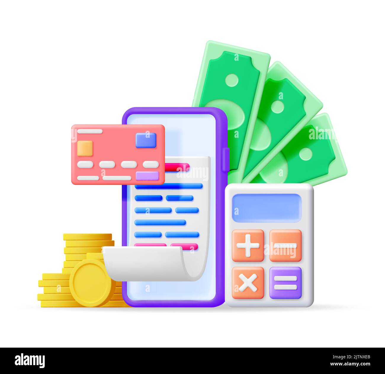 3D Phone with Bill Bank Card, Calculator and Money Stock Vector Image ...