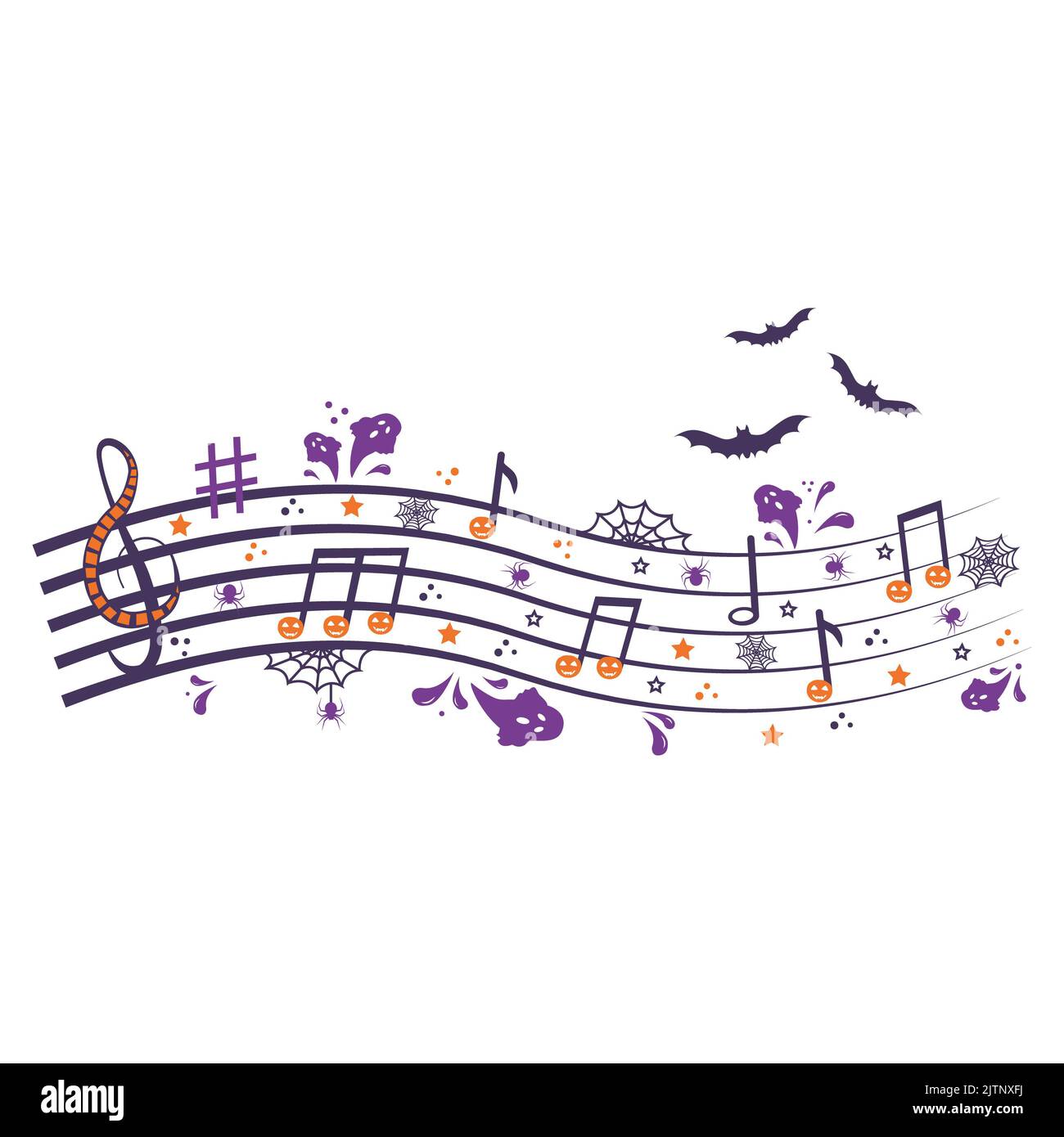Black spider web with treble clef with pumpkin, bats and notes. Musical ...