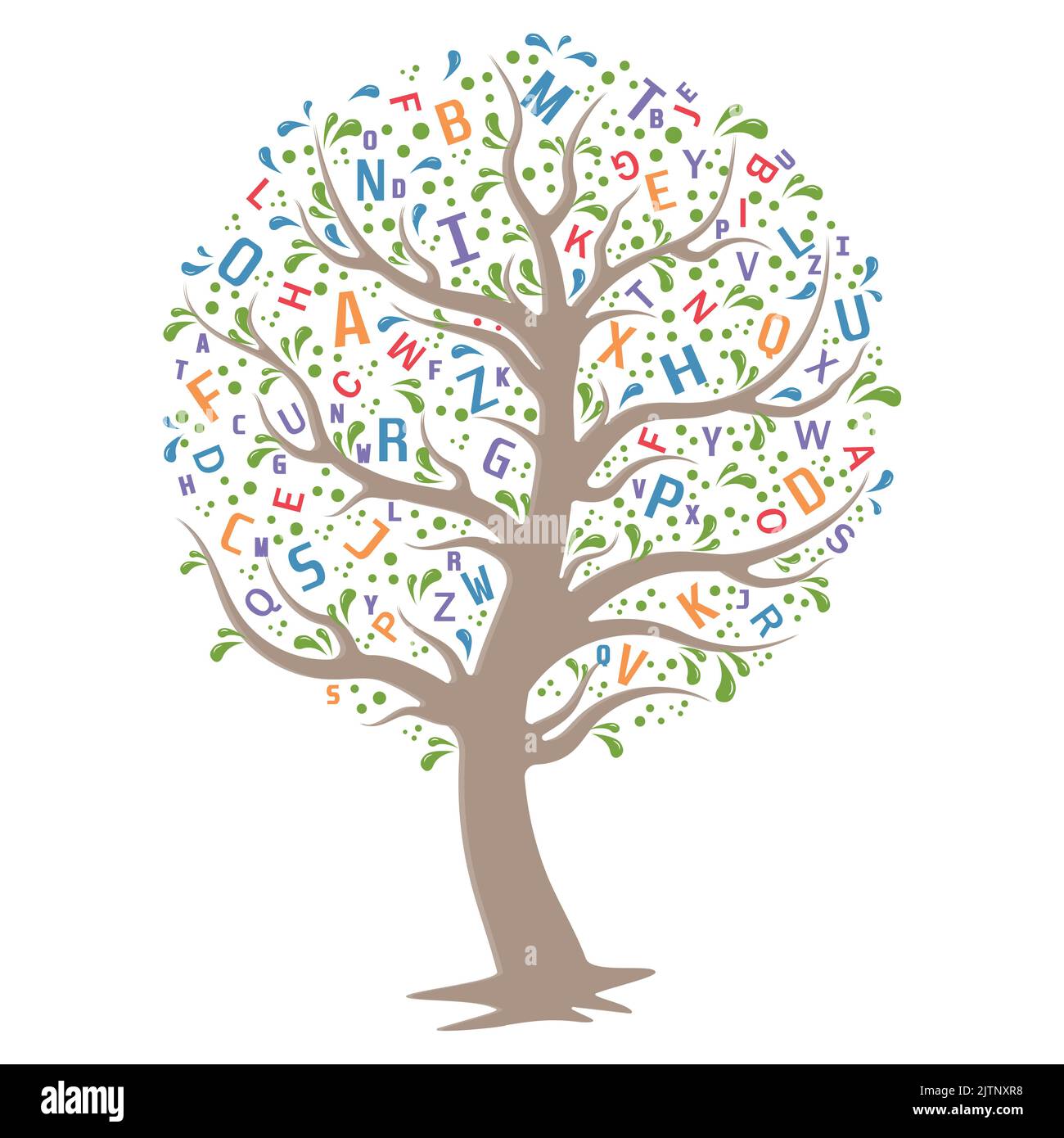 Tree with letters, color vector illustration, isolated on white ...