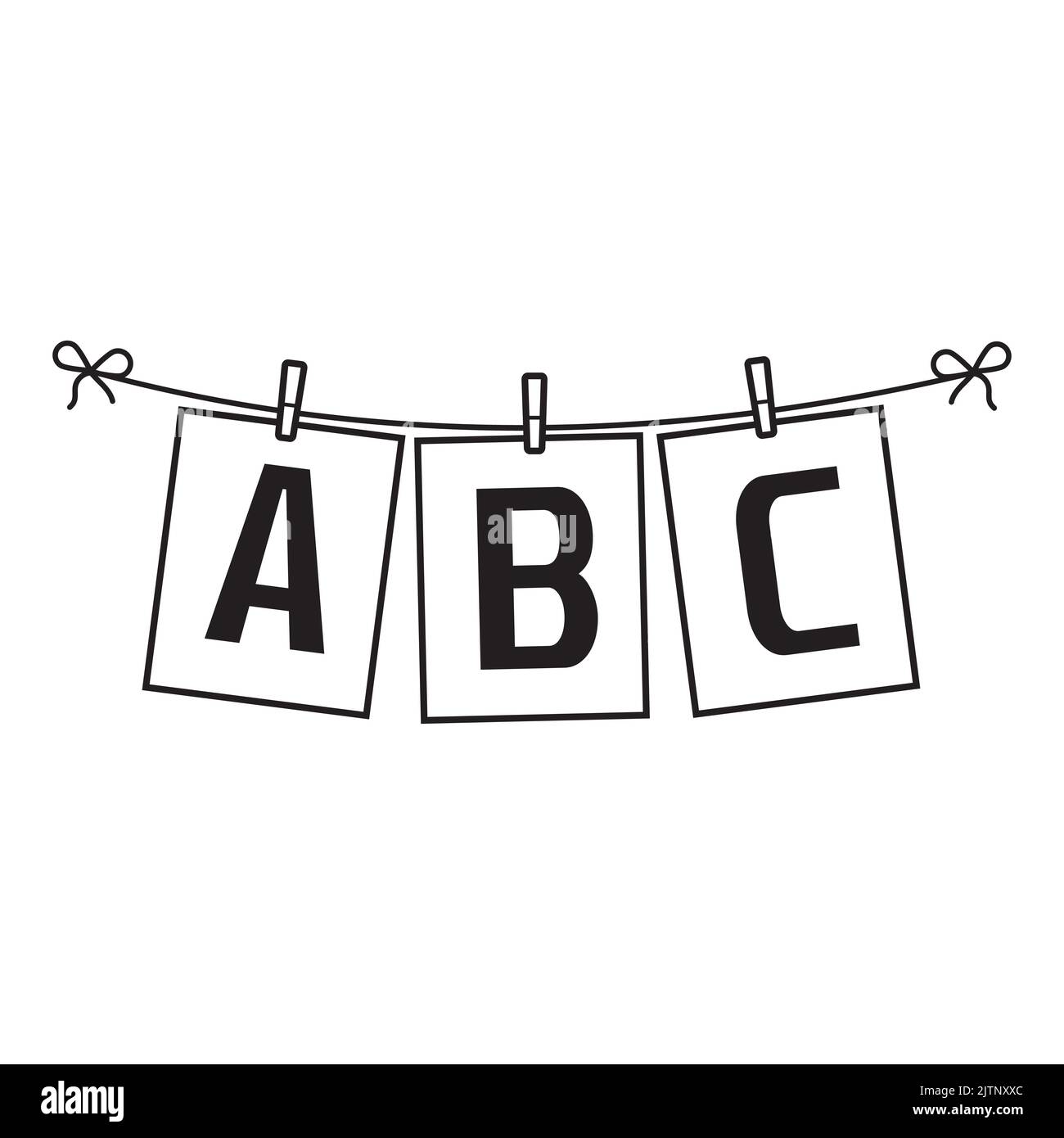 ABC letters on paper hanging on a rope, black outline, vector isolated ...