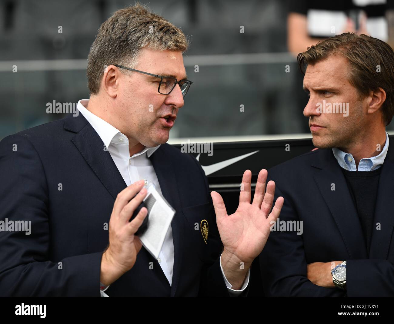 31 August 2022, Hessen, Frankfurt/Main: Axel Hellmann (l), Spokesman of ...