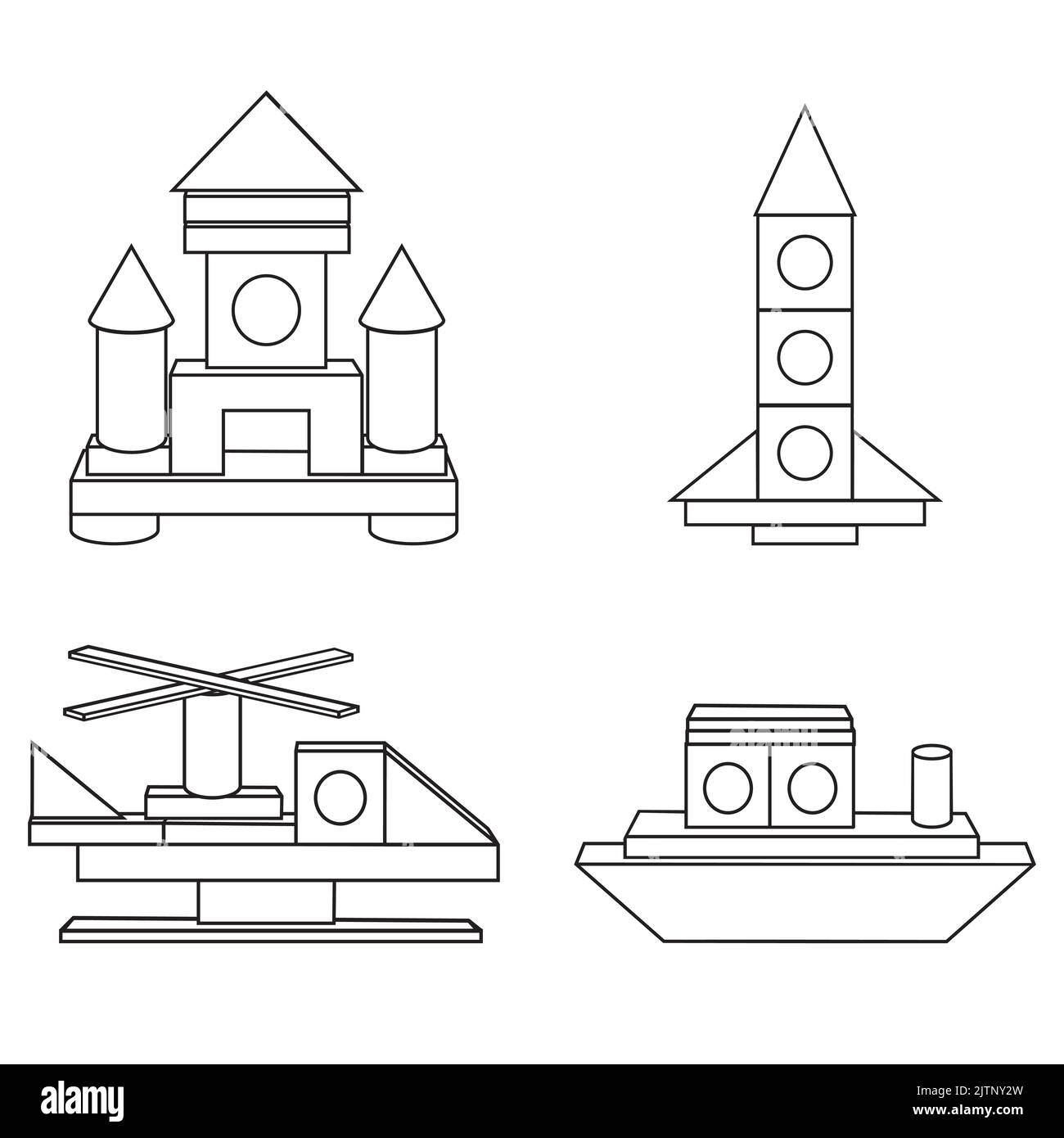 Construction of transport from wooden cubes, black outline, coloring ...