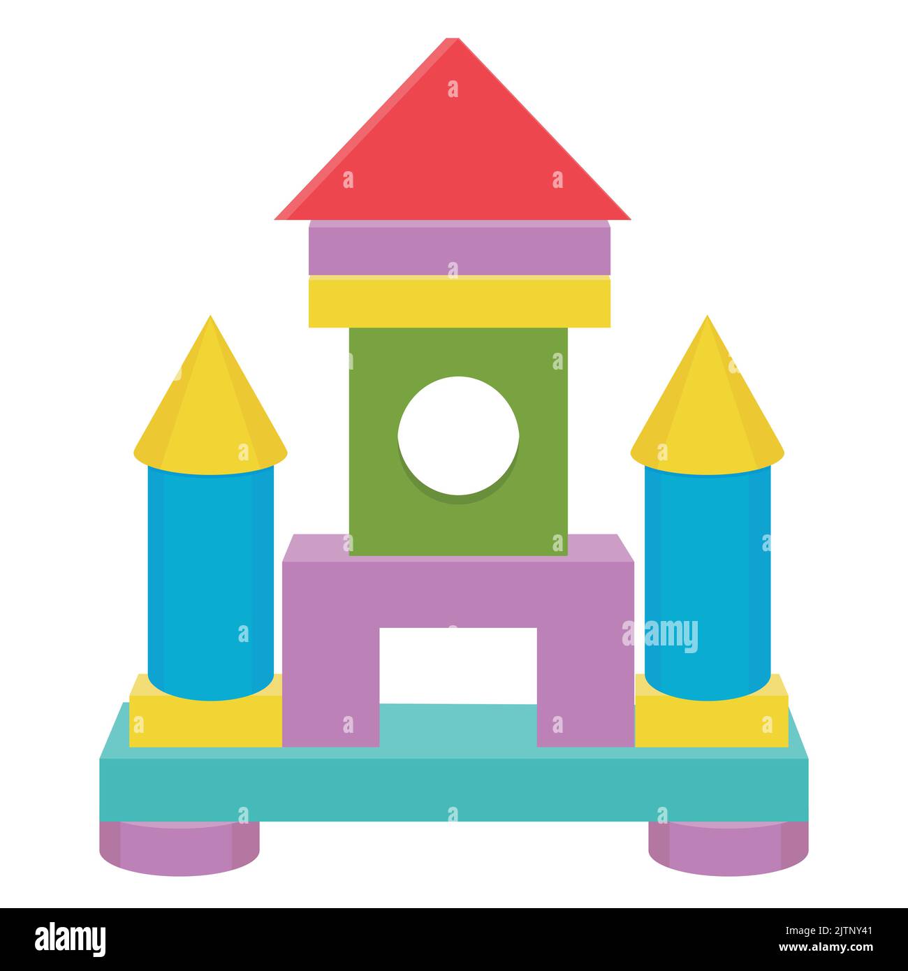 Construction of a tower or fortress made of colored wooden cubes ...