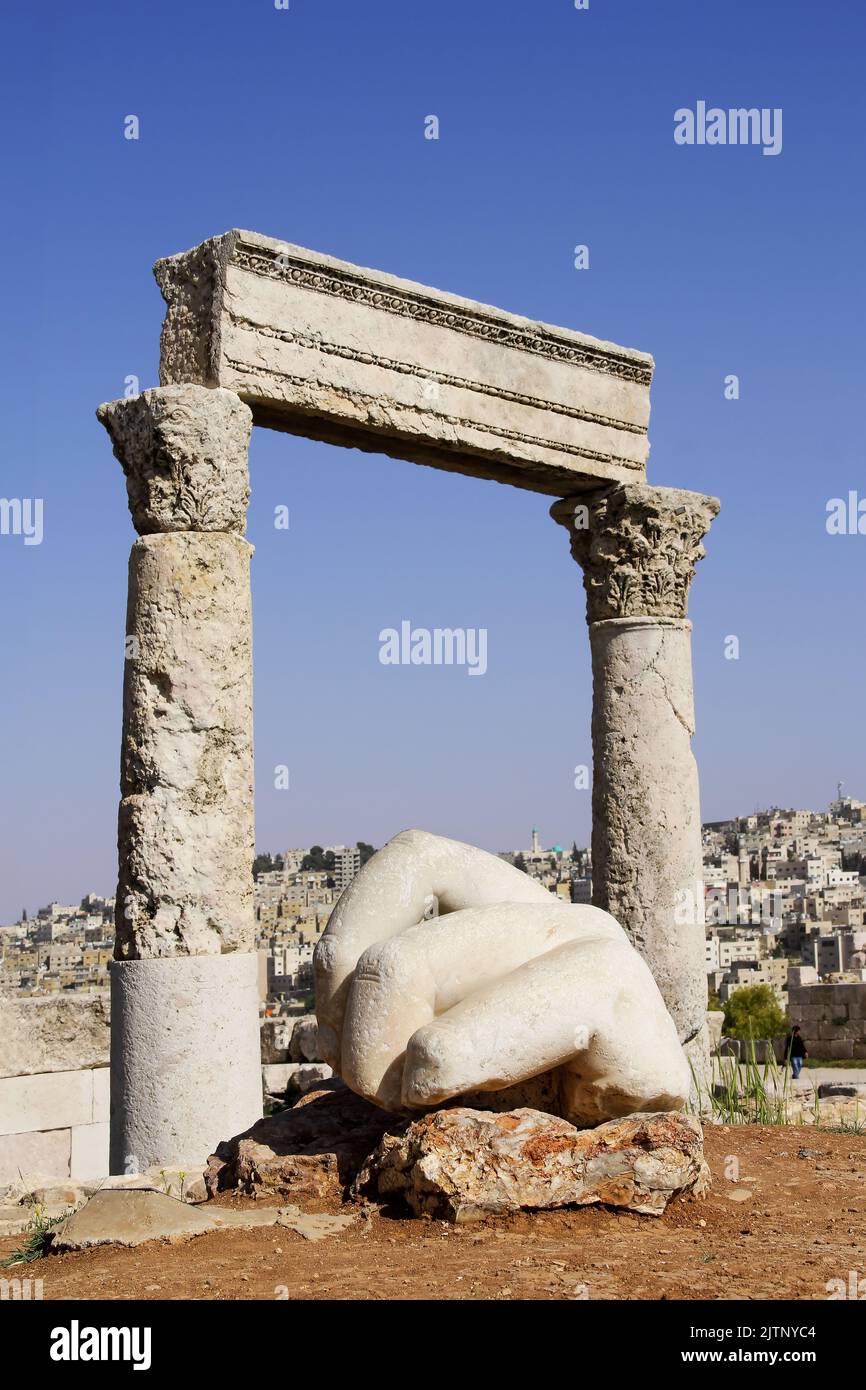 The fallen hand at the Temple of Hercules on the Amman citadel, Jordan ...