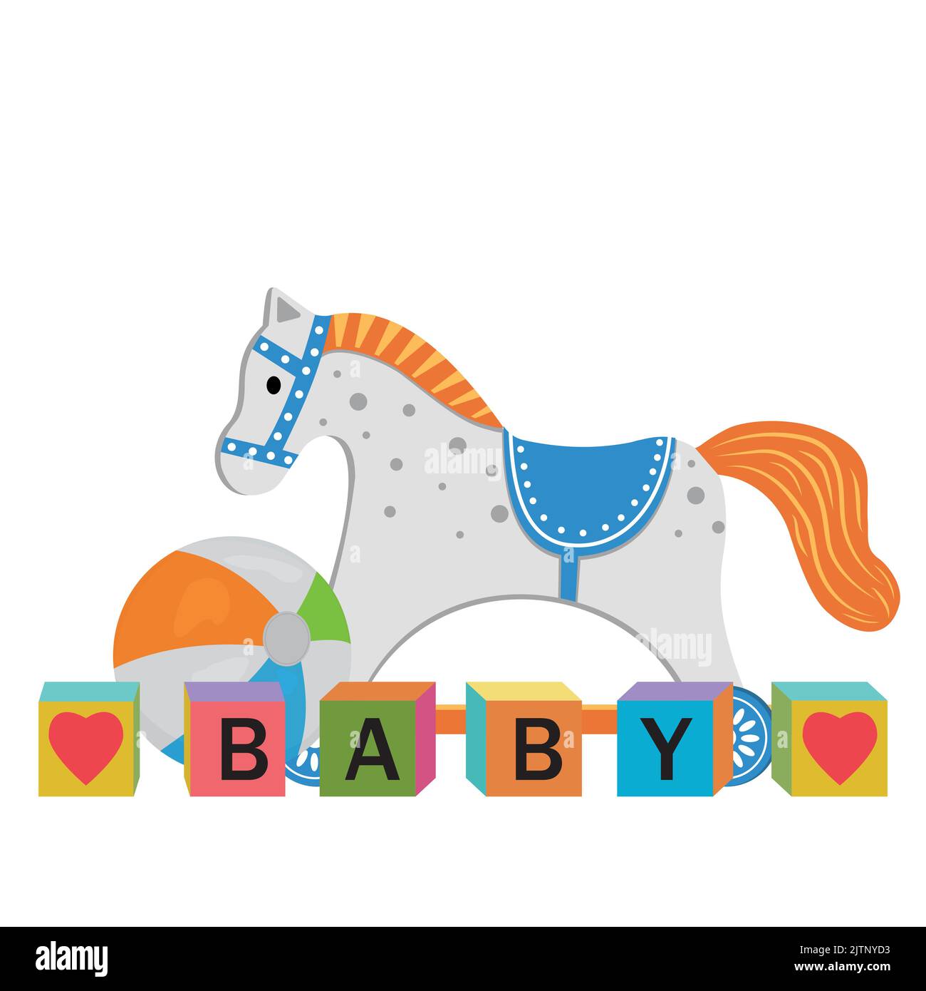 Children's toys, wooden horse, cubes and ball, color vector isolated ...