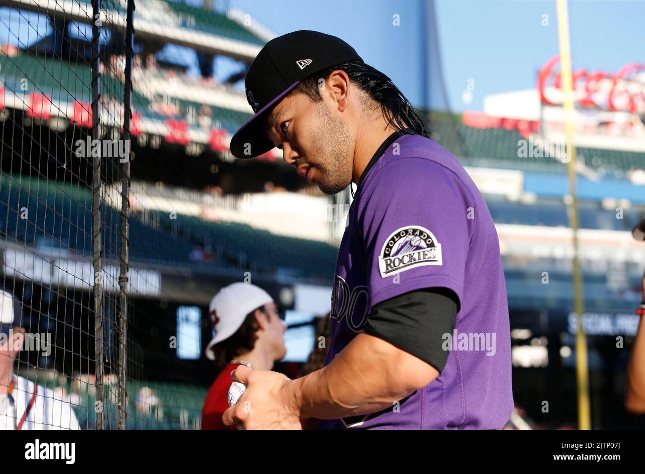 Atlanta, GA. USA; Colorado Rockies left fielder Connor Joe (9) signs ...