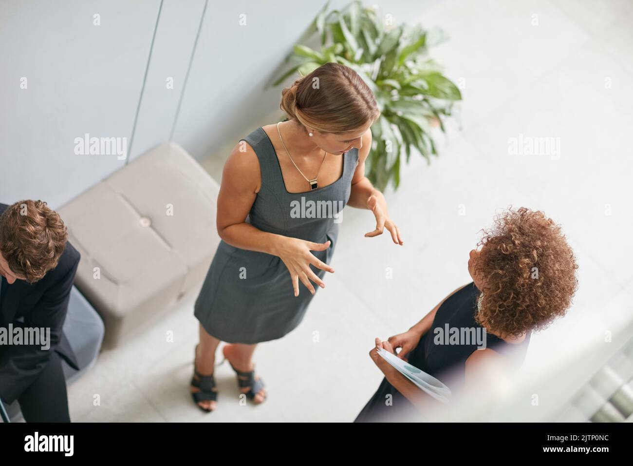 Talking business in the company corridors. High angle shot of two ...