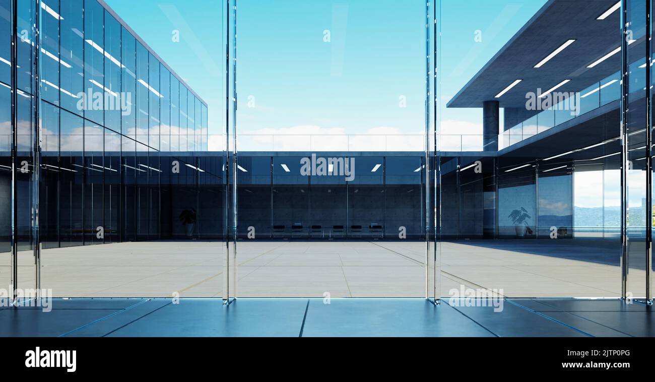 Modern glass wall commercial buildings. Realistic 3d rendering Stock ...