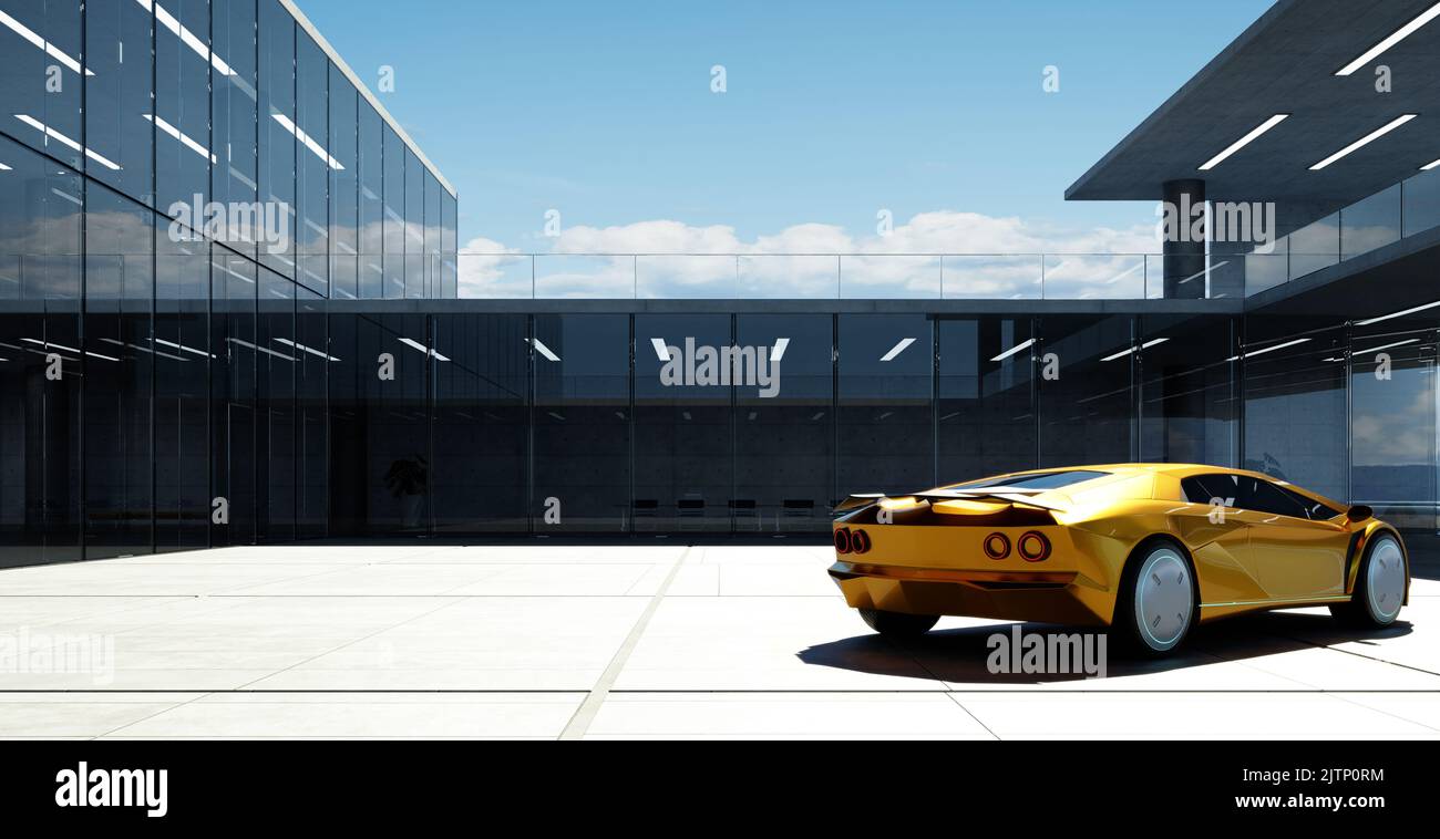 Electric sports car parked in the center of modern glass facade walls ...