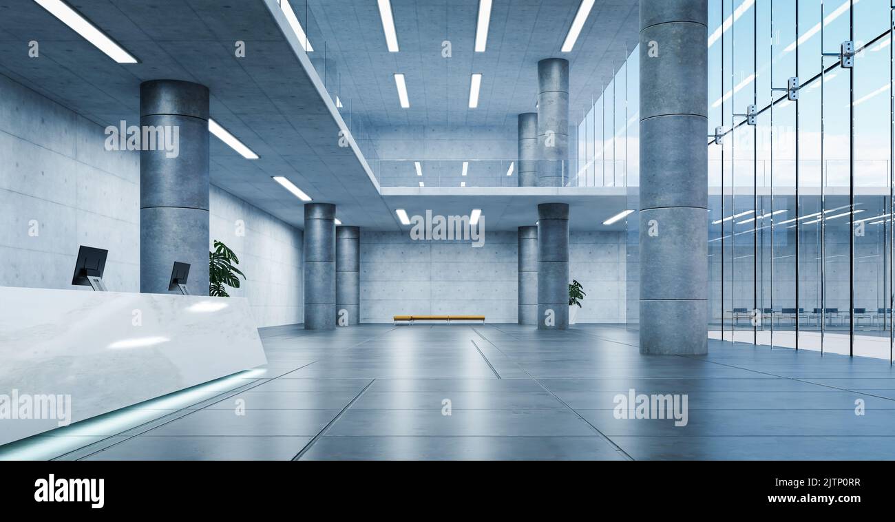 Modern glass wall commercial buildings reception lobby hall. Realistic ...
