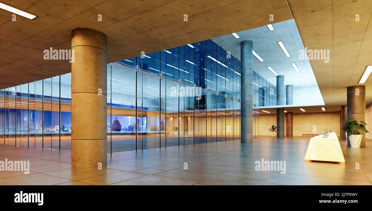 Modern glass wall commercial buildings reception lobby hall. Realistic ...