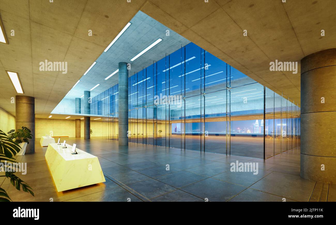 Modern glass wall commercial buildings reception lobby hall. Realistic ...