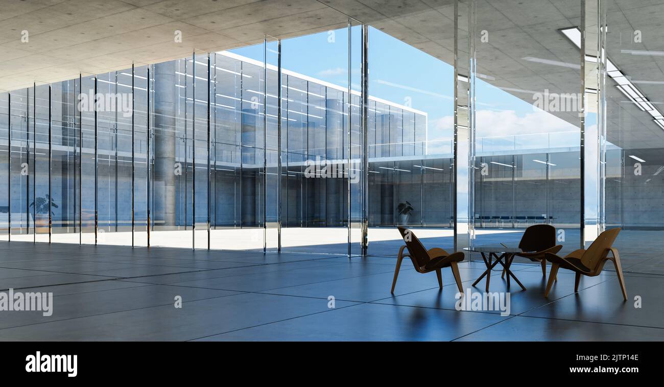 Modern glass wall commercial buildings guest waiting area. Realistic 3d ...