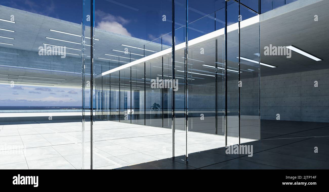 Modern glass wall commercial buildings. Realistic 3d rendering Stock ...