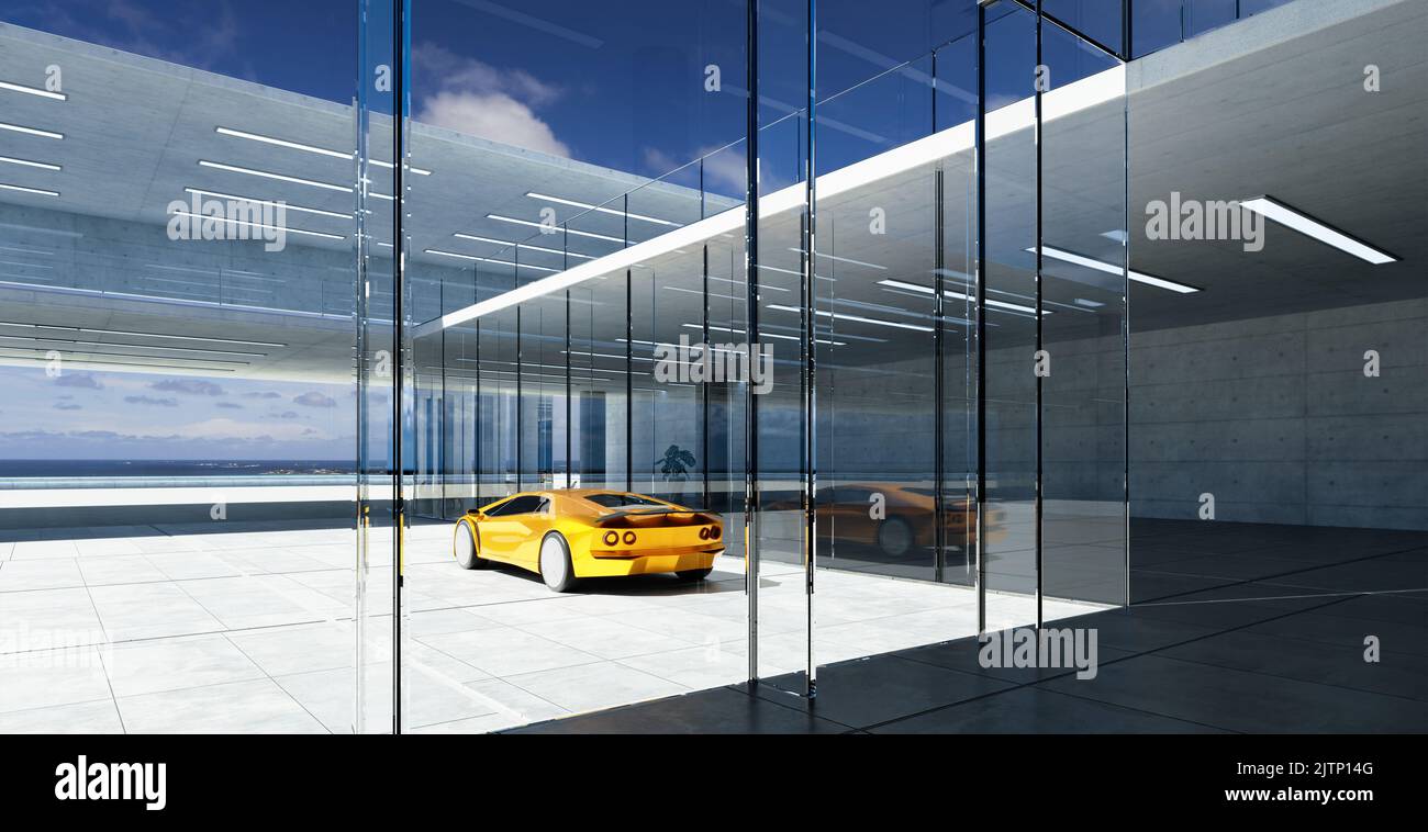 Electric sports car parked in the center of modern glass facade walls ...