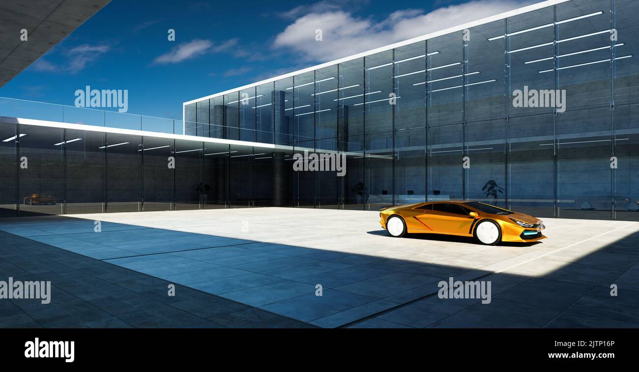 Electric sports car parked in the center of modern glass facade walls ...