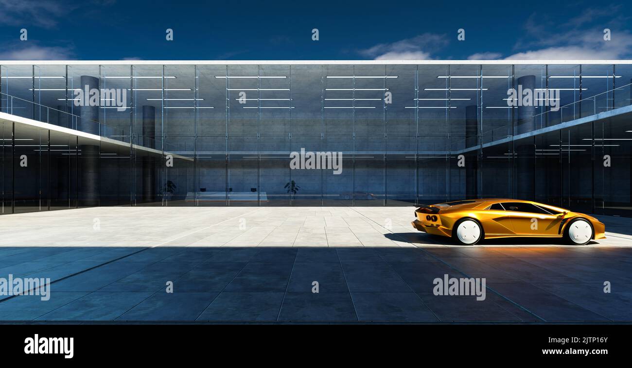 Electric sports car parked in the center of modern glass facade walls ...