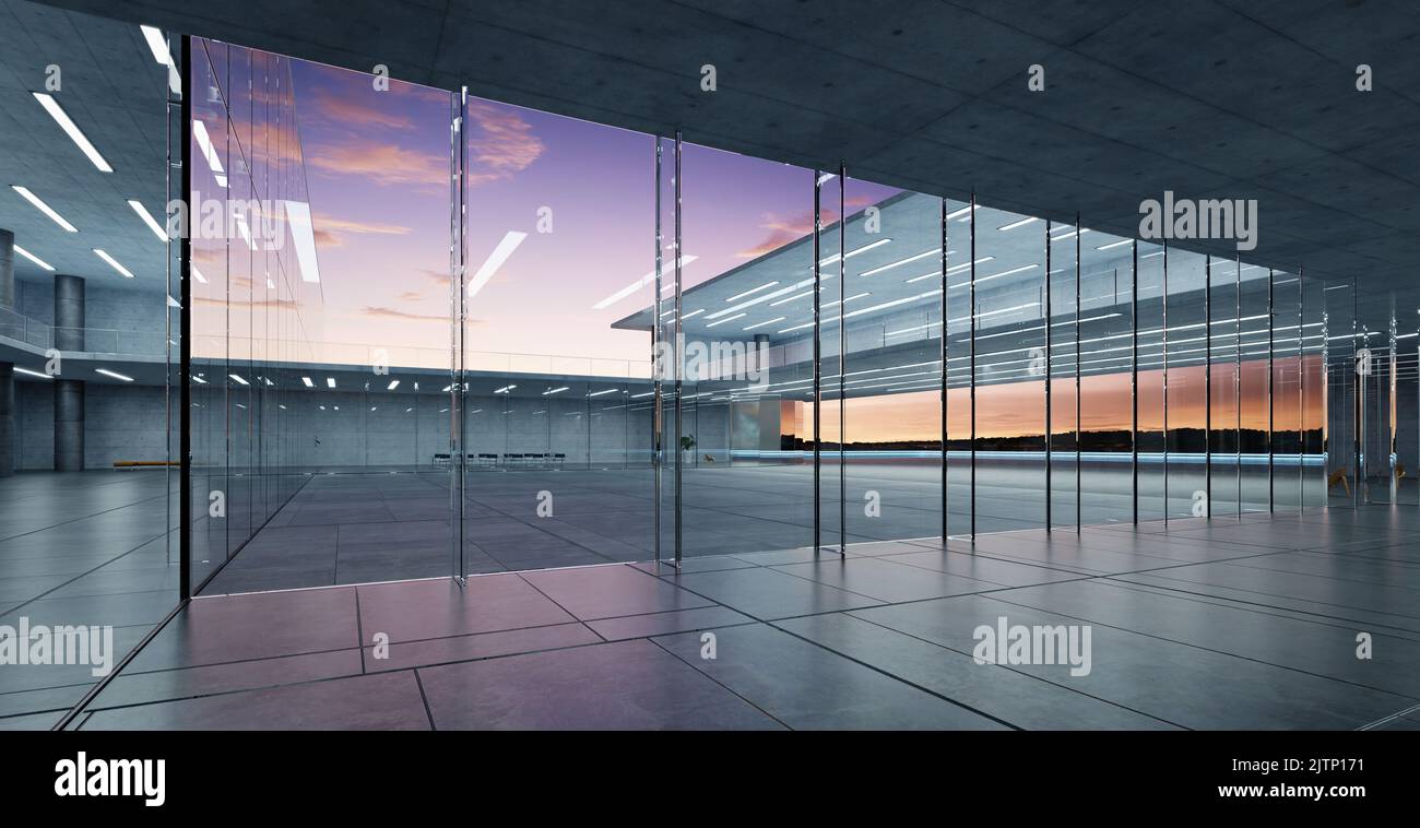 Modern glass wall commercial buildings reception lobby hall. Realistic ...