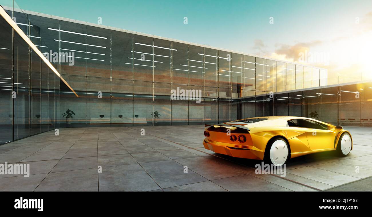 Electric sports car parked in the center of modern glass facade walls ...