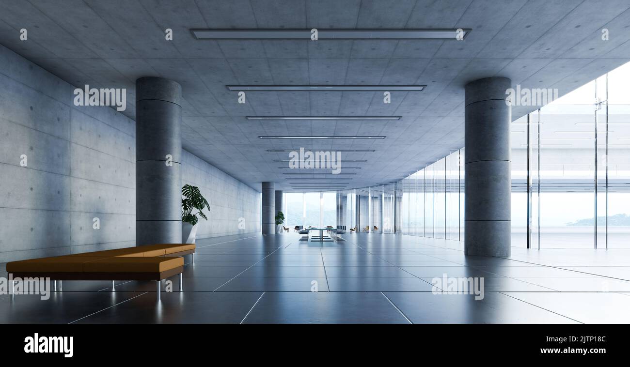 Modern glass wall commercial buildings reception lobby hall. Realistic ...